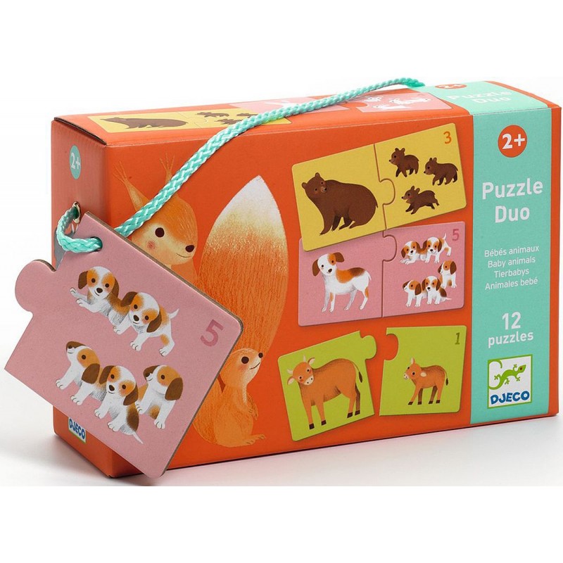 Coffret de 12 puzzles de 2 pièces pour associer les animaux à leurs petits.