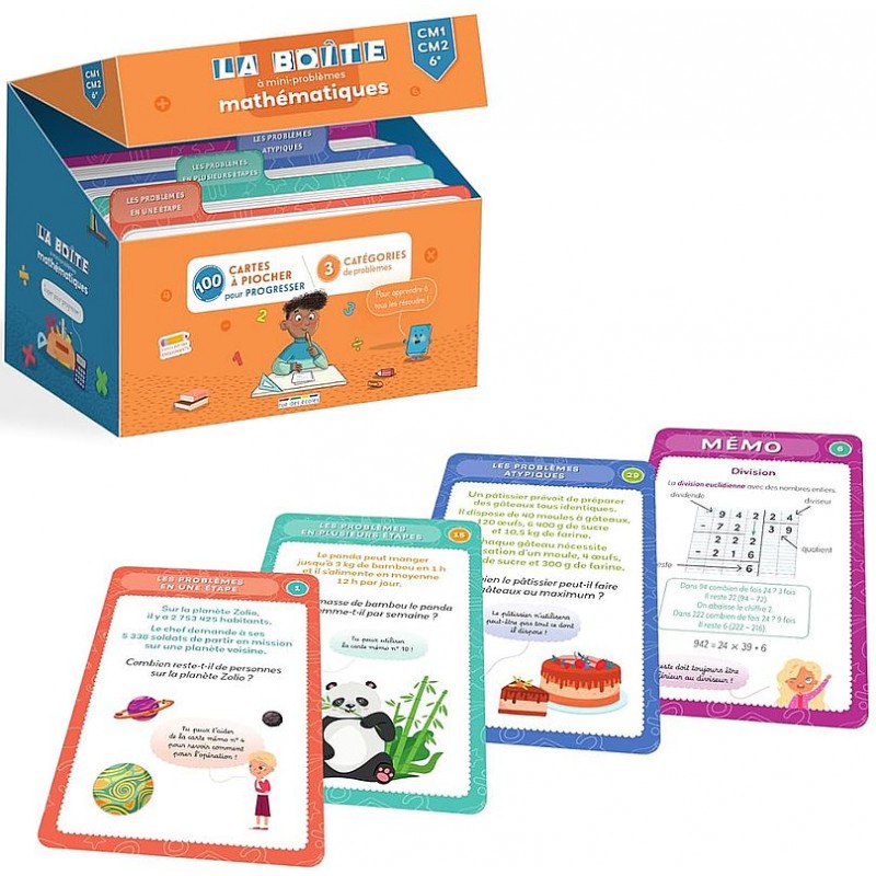 Boîte avec 100 cartes pour résoudre des problèmes mathématiques.